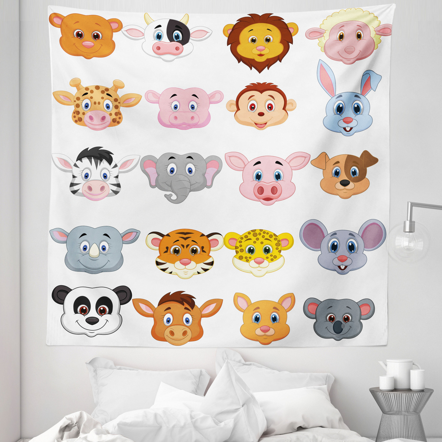 Cartoon Tapestry, Themed Animals Lions Pigs Cows Farm Safari Room Image ...