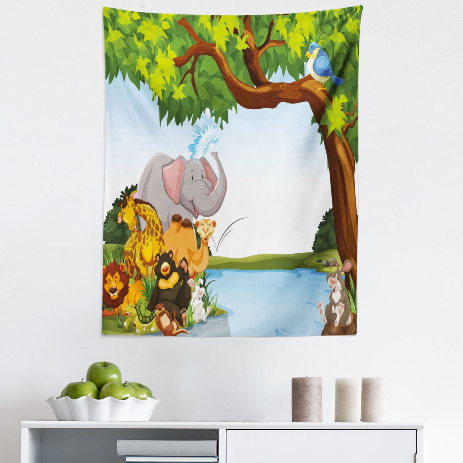 Cartoon Tapestry, Various Cartoon Style Animals Together by River Bank ...