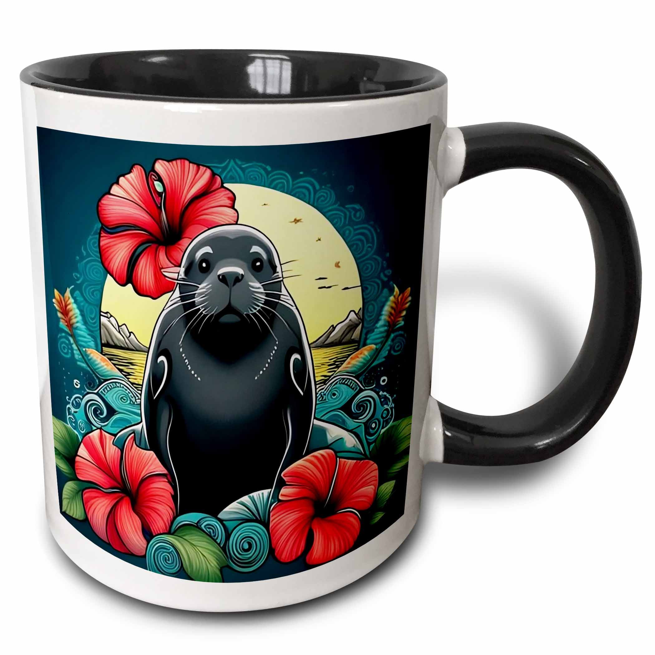 3drose, Cartoon Tattoo Art of Hawaiian Monk Seal with Hibiscus, 15oz ...