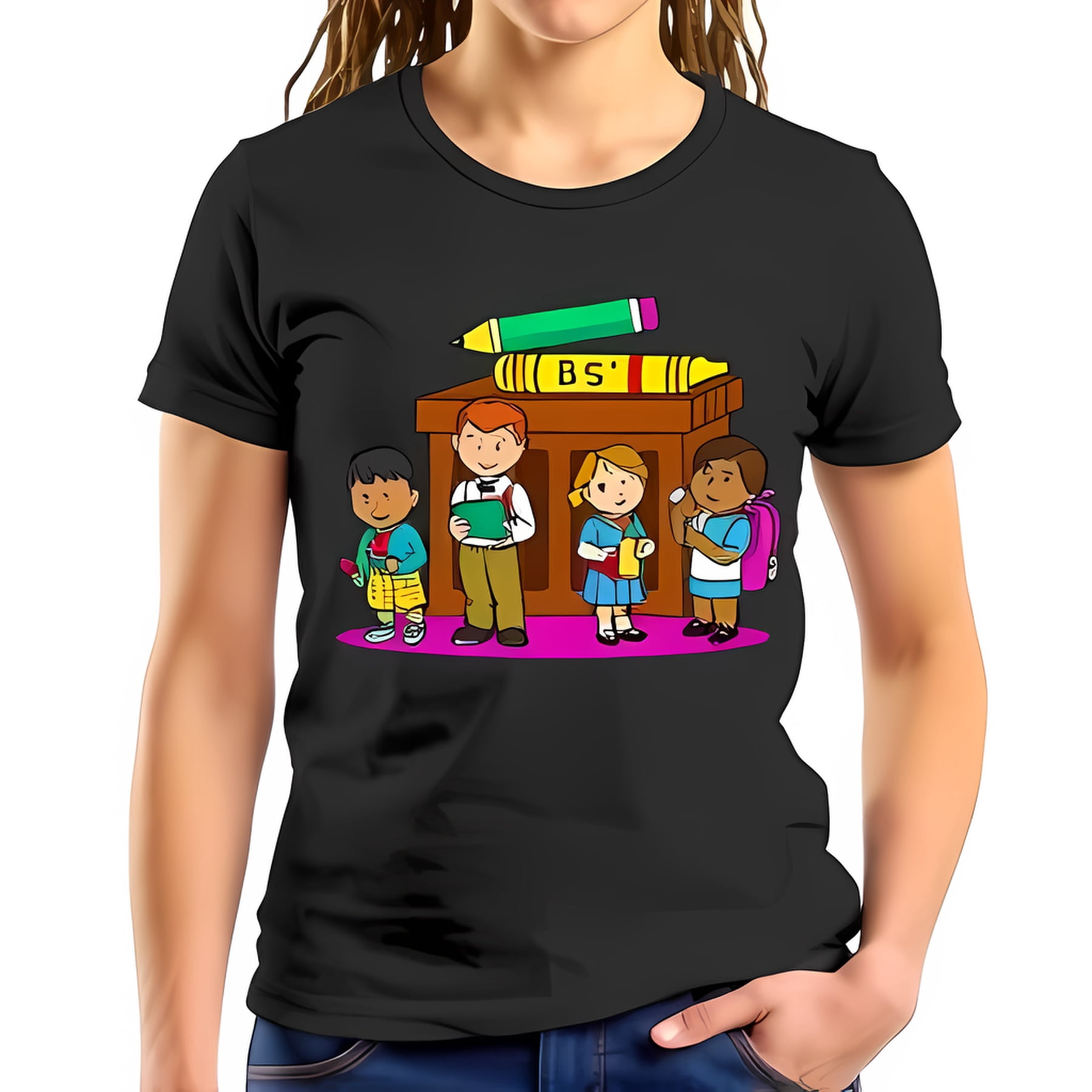 Cartoon Teacher and Students Black T-Shirt - Fun Early Childhood ...