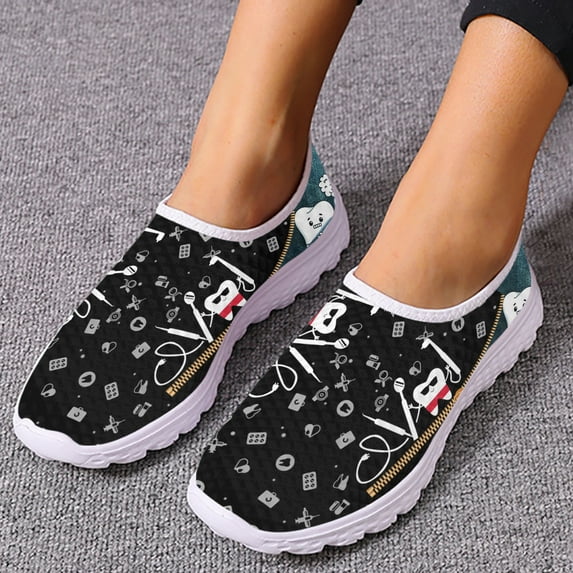 Cartoon Teeth Print Ladies Casual Slip On Dental Flats Comfortable ...