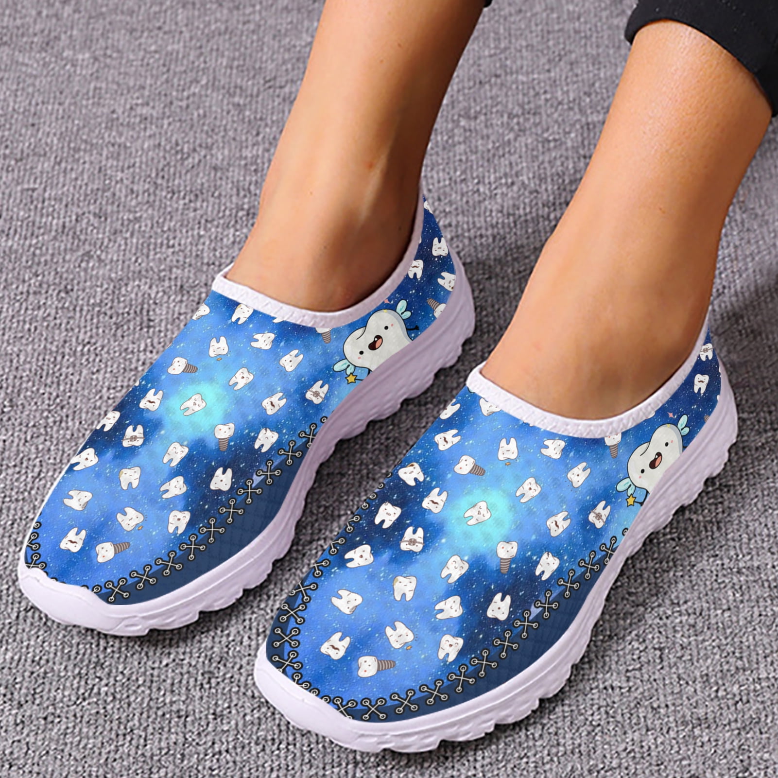 Cartoon Teeth Print Ladies Casual Slip On Dental Flats Comfortable ...