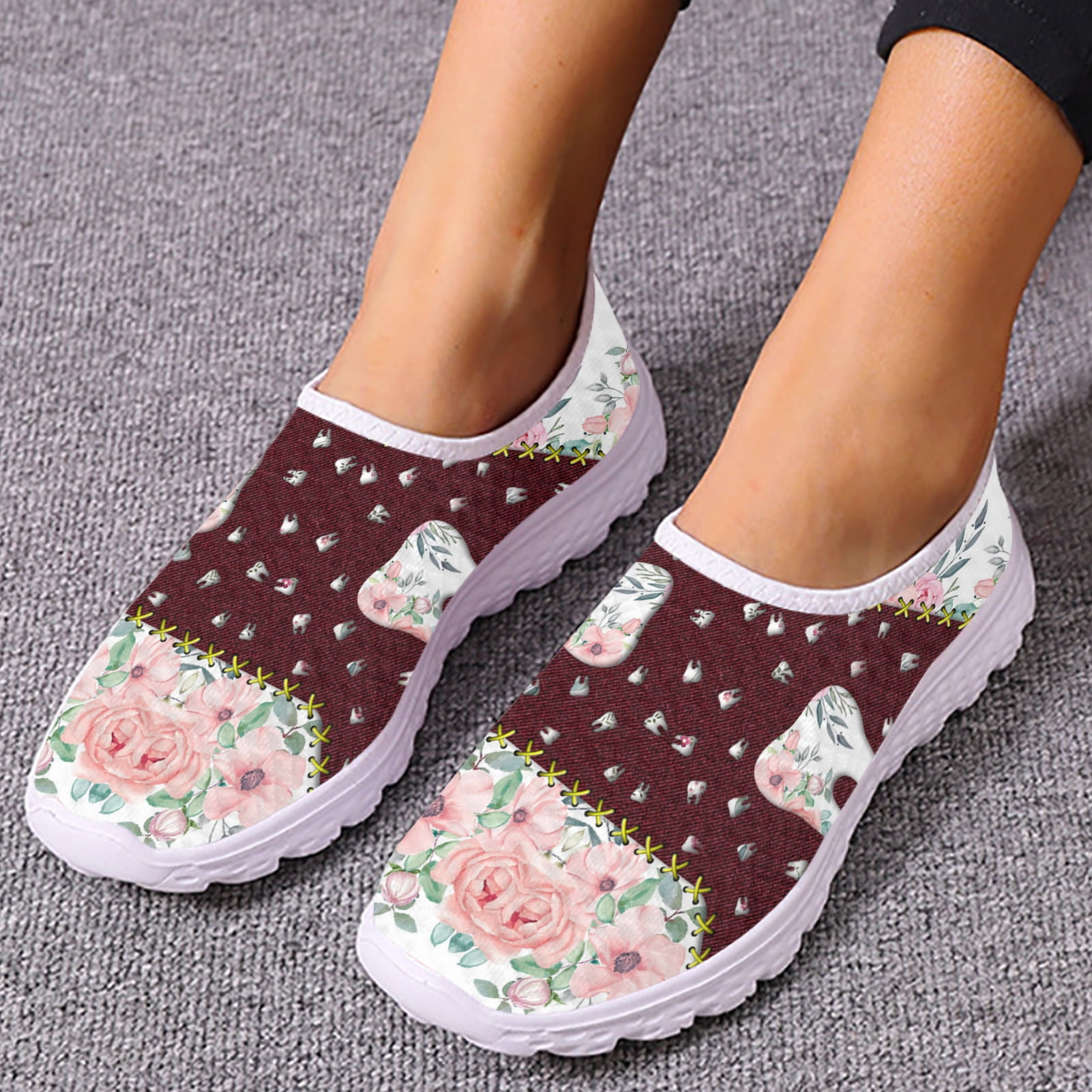 Cartoon Teeth Print Ladies Casual Slip On Dental Flats Comfortable ...