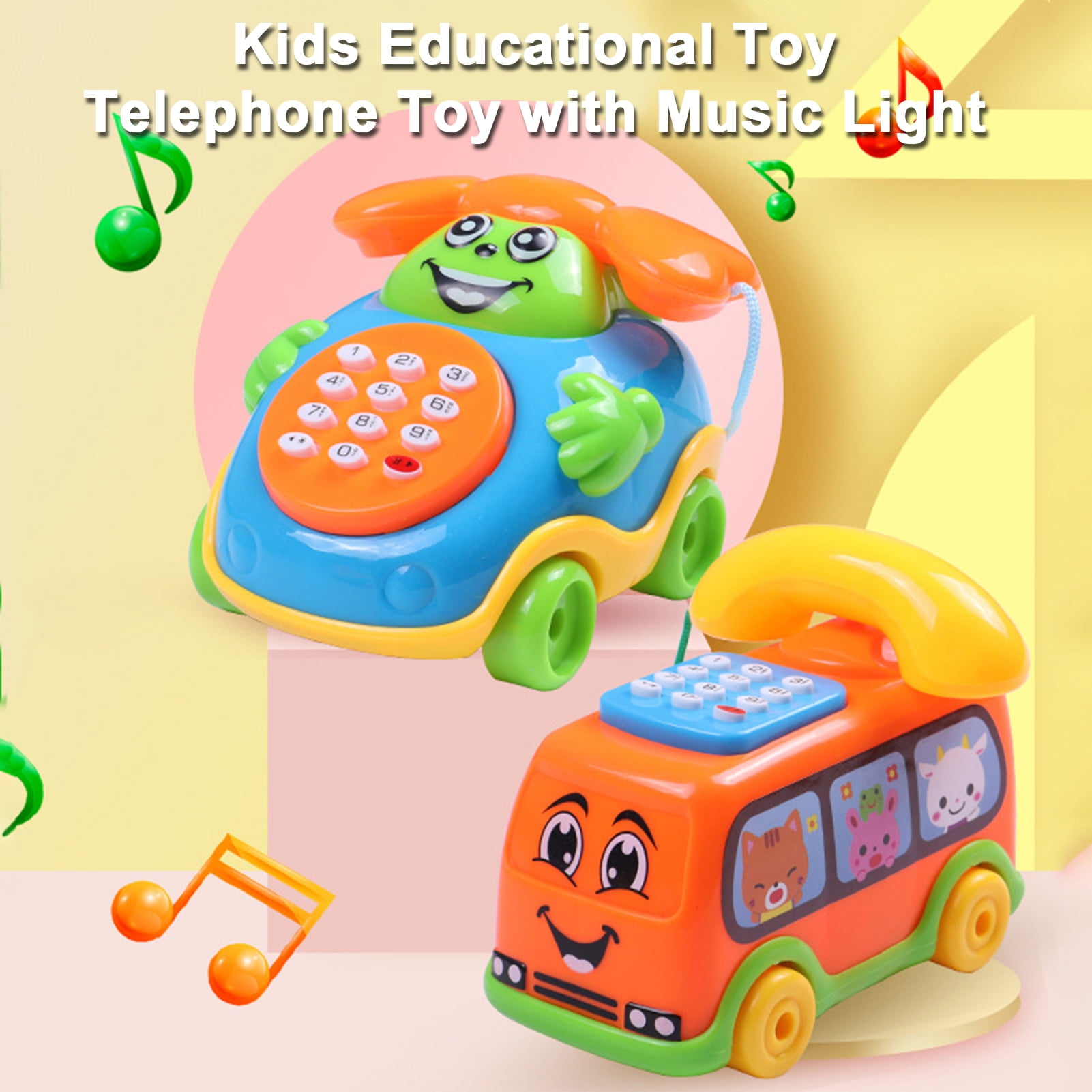 Cartoon Telephone Car Toy with Movable Handle Music Light Up Cute Bus ...