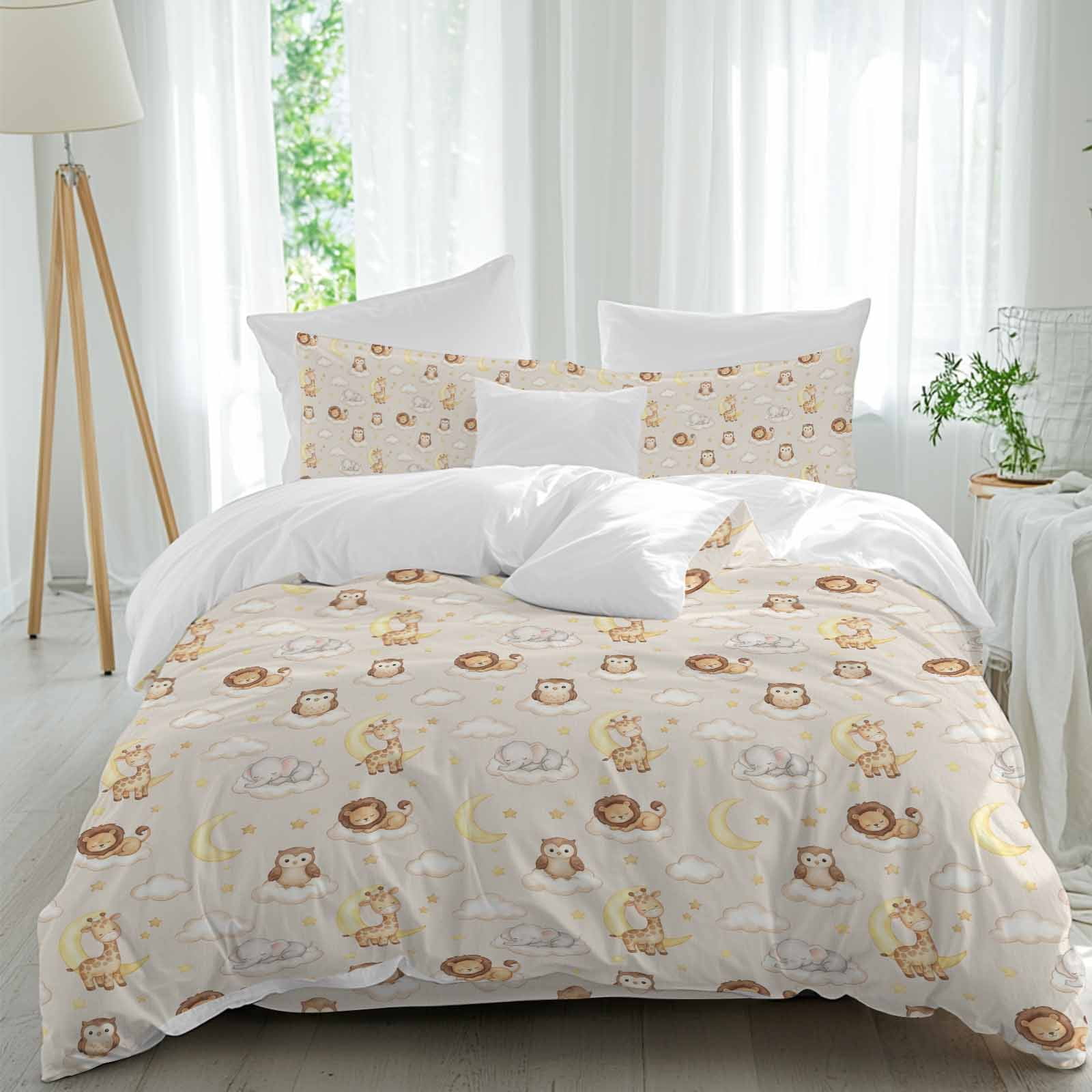 Cartoon Theme 4 Piece Duvet Cover Set Queen Size Giraffe Elephant Lion ...