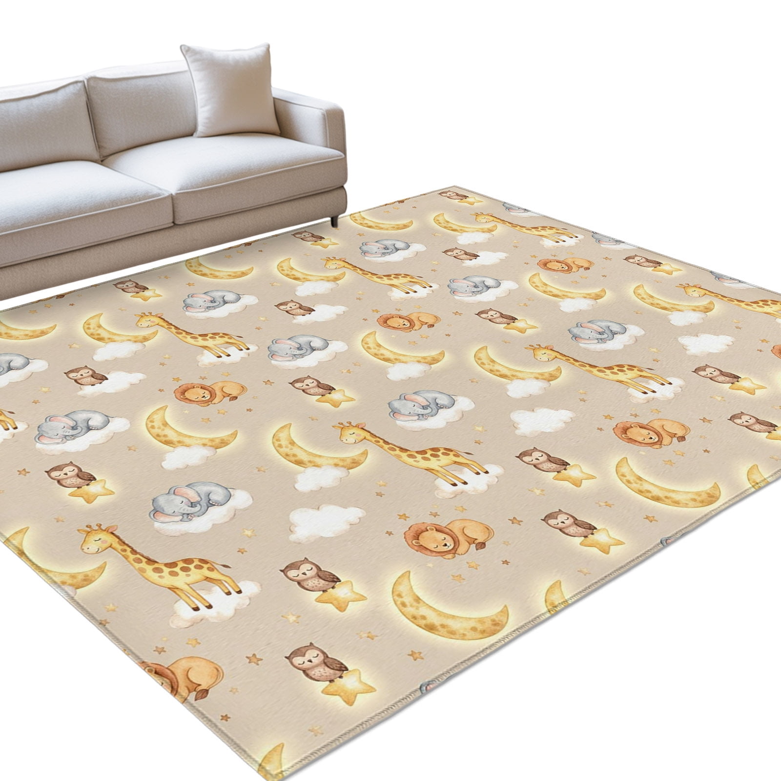 Cartoon Theme 4x6ft Non Slip Area Rug Animals Giraffe Elephant Lion Owl ...