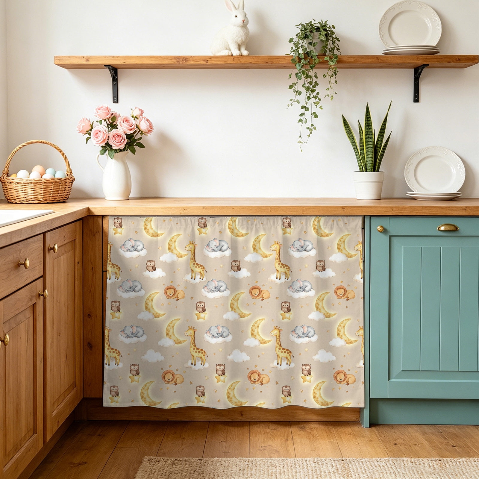 Cartoon Theme Cabinet Curtains 28" W x 35" L Animals Giraffe Elephant ...