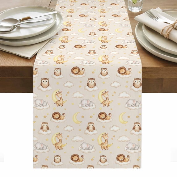 Cartoon Theme Cotton Linen Table Runner Giraffe Elephant Lion Owl Moon ...