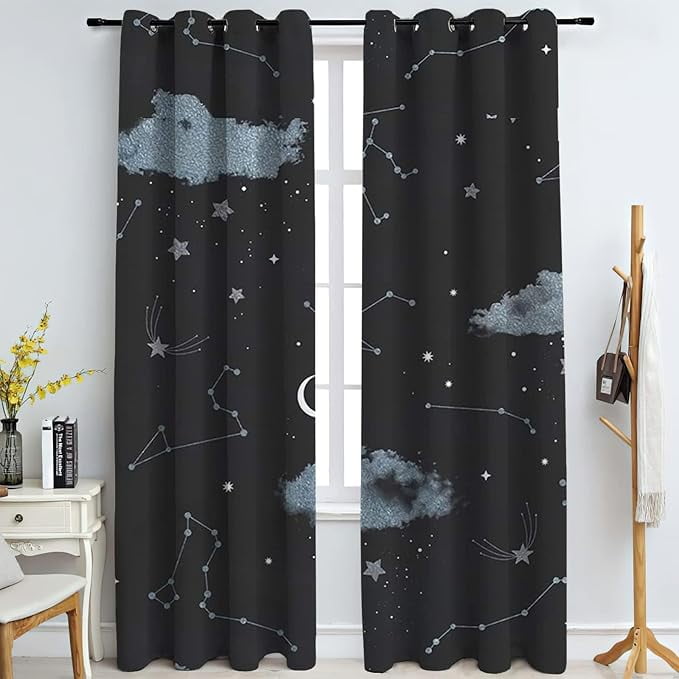 Cartoon Theme Moon Stars Window Curtain Panel, Gray Black Cloud Lines ...