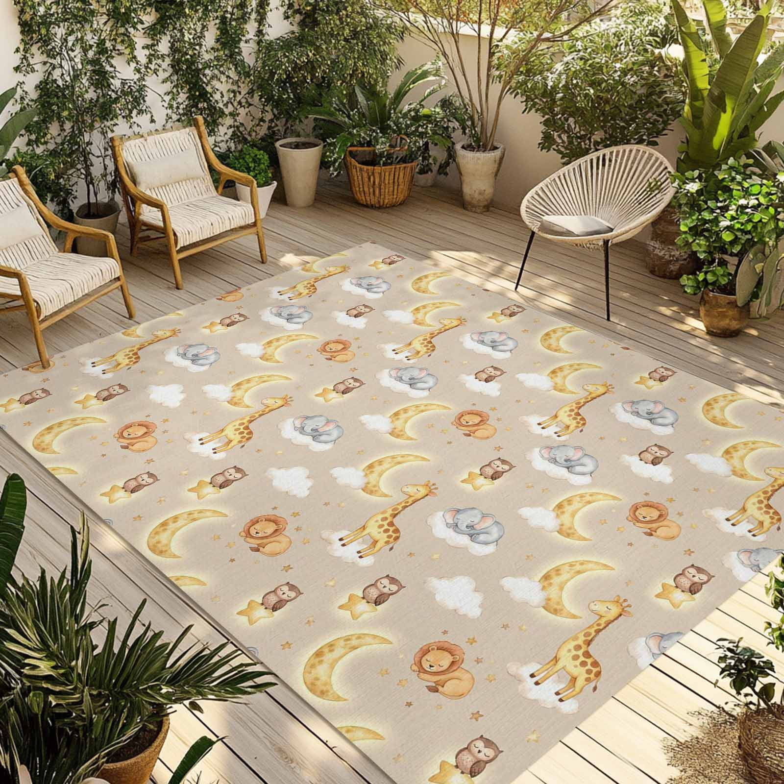 Cartoon Theme Outdoor Rug 5x8 ft Animals Giraffe Elephant Lion Owl Moon ...