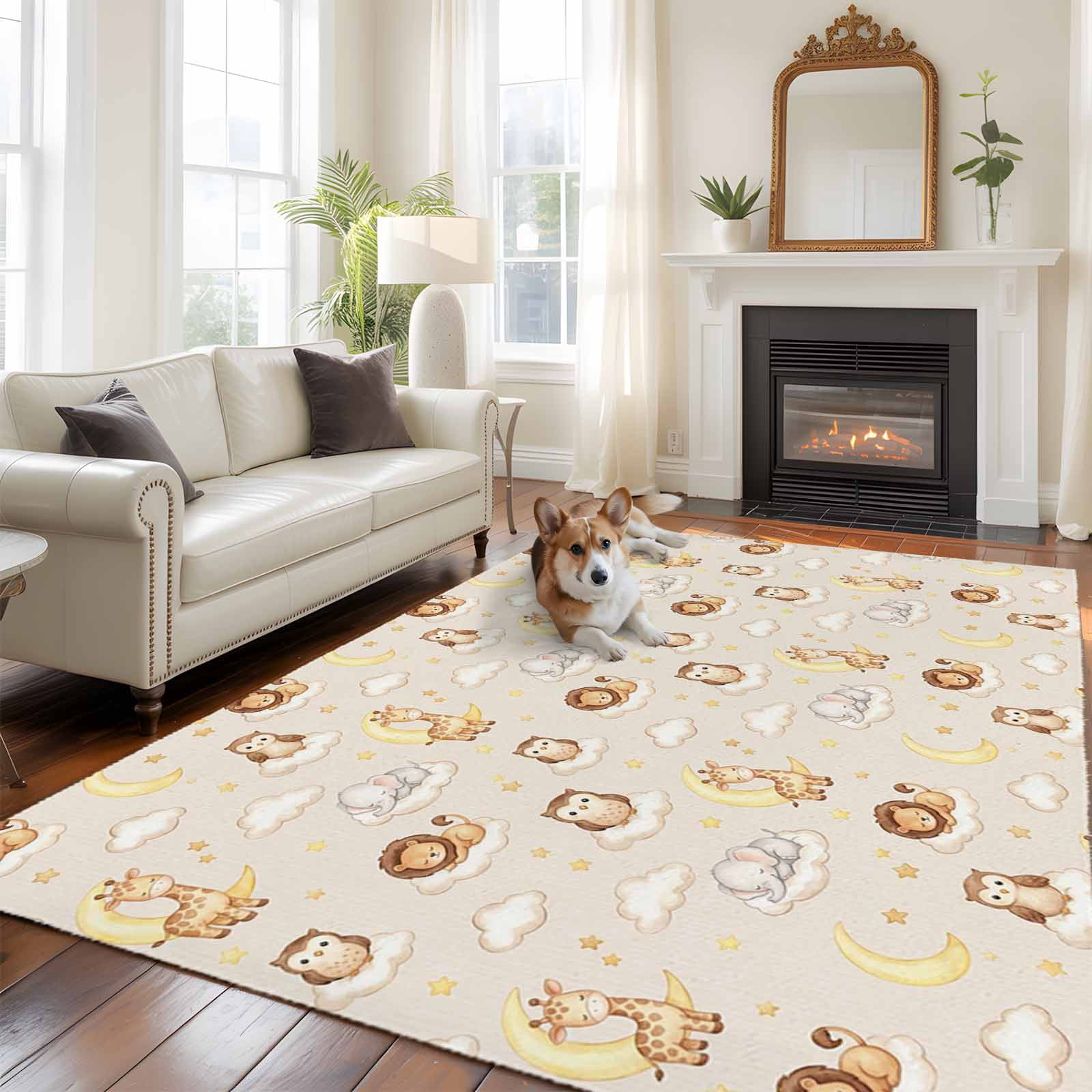 Cartoon Theme Washable Area Rug 8x10 Giraffe Elephant Lion Owl Moon ...