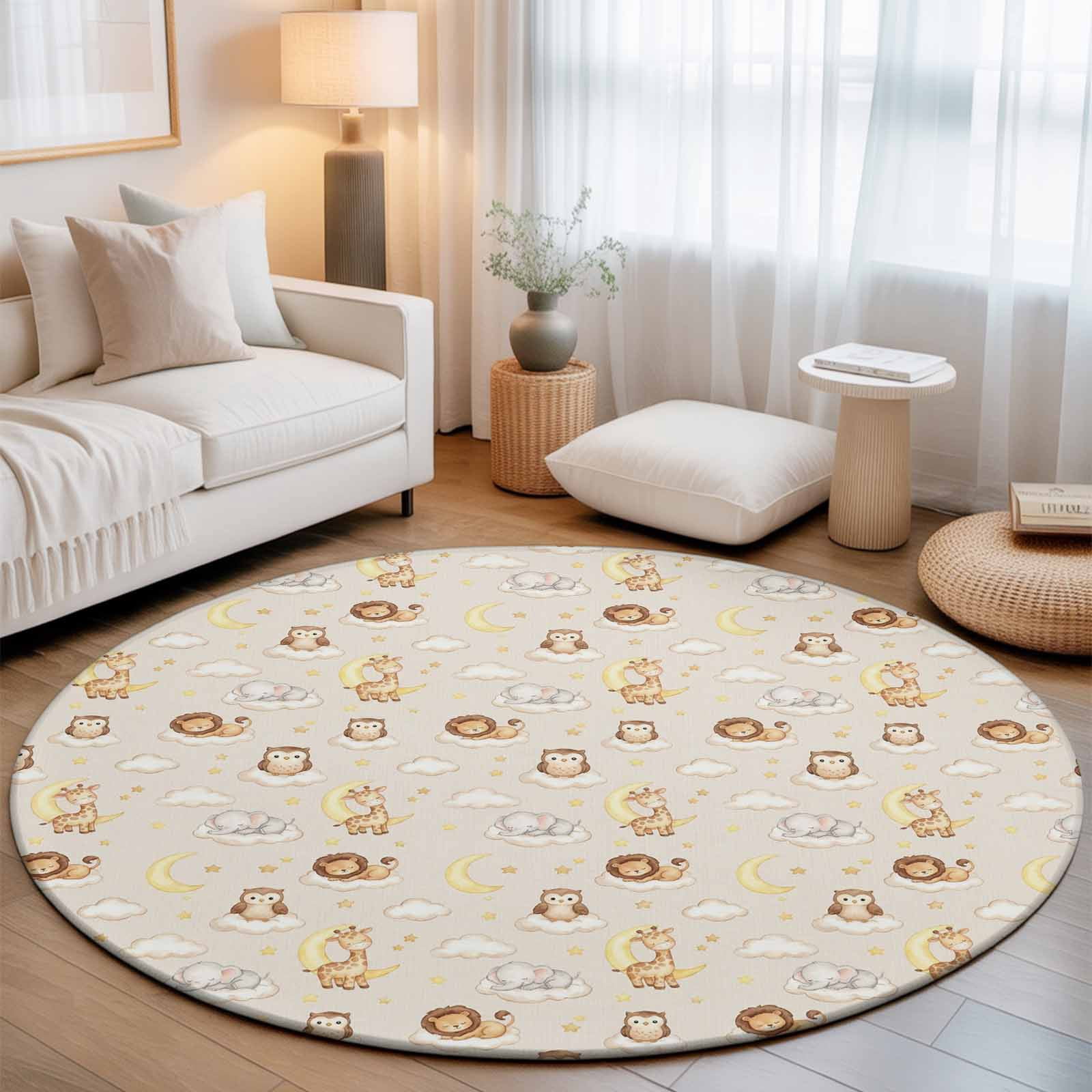 Cartoon Theme Washable Round Area Rug 7 ft, Giraffe Elephant Lion Owl ...