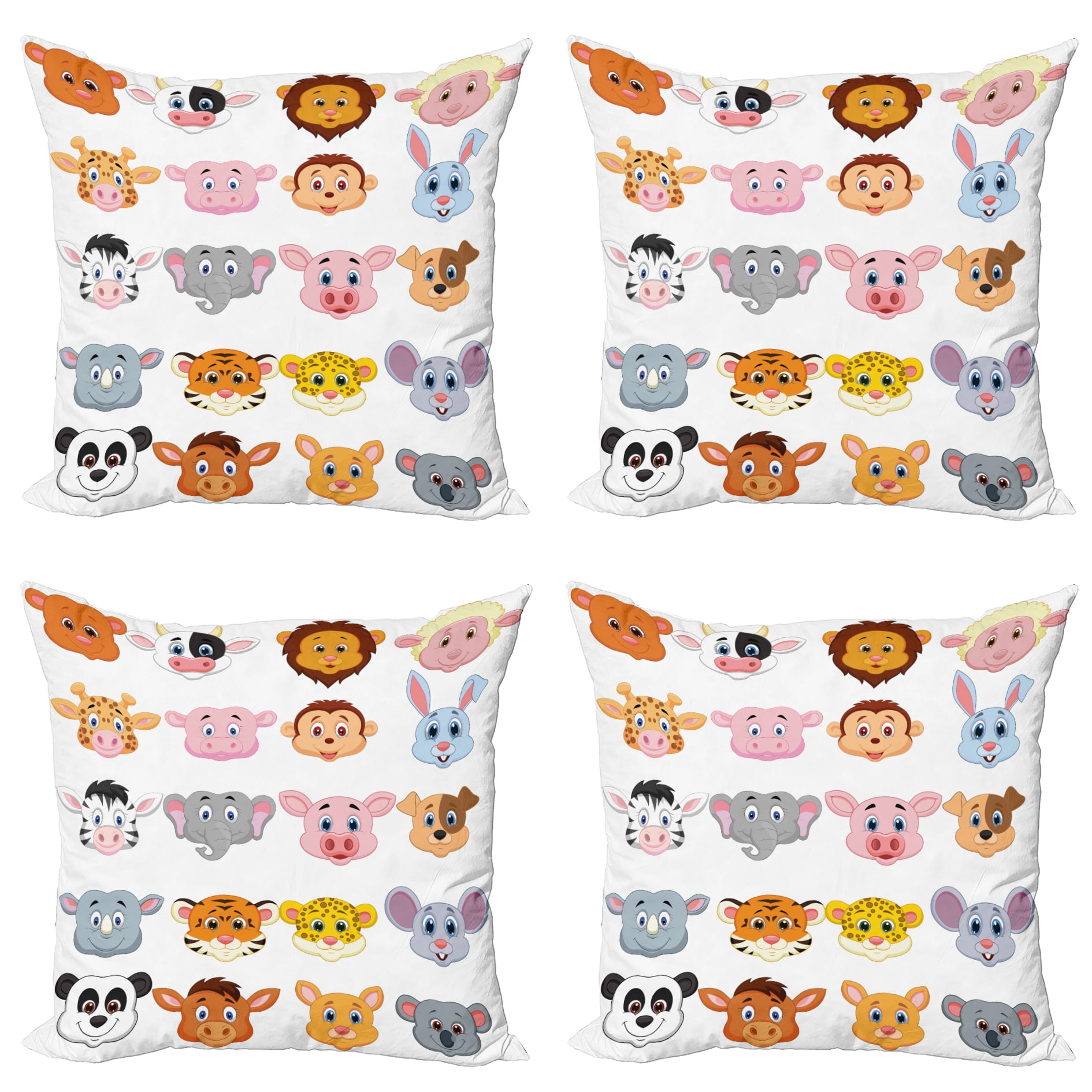 Ambesonne Cartoon Throw Pillow Cover 4 Pack, Farm and Savannah Animals ...