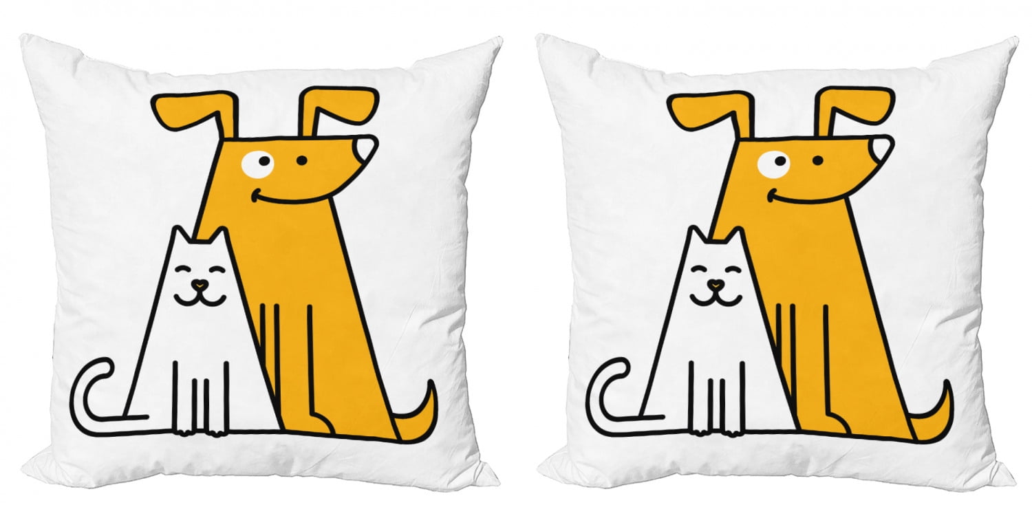 Ambesonne Cartoon Throw Pillow Cover 2 Pack, Cats and Dogs Friends, 24 ...