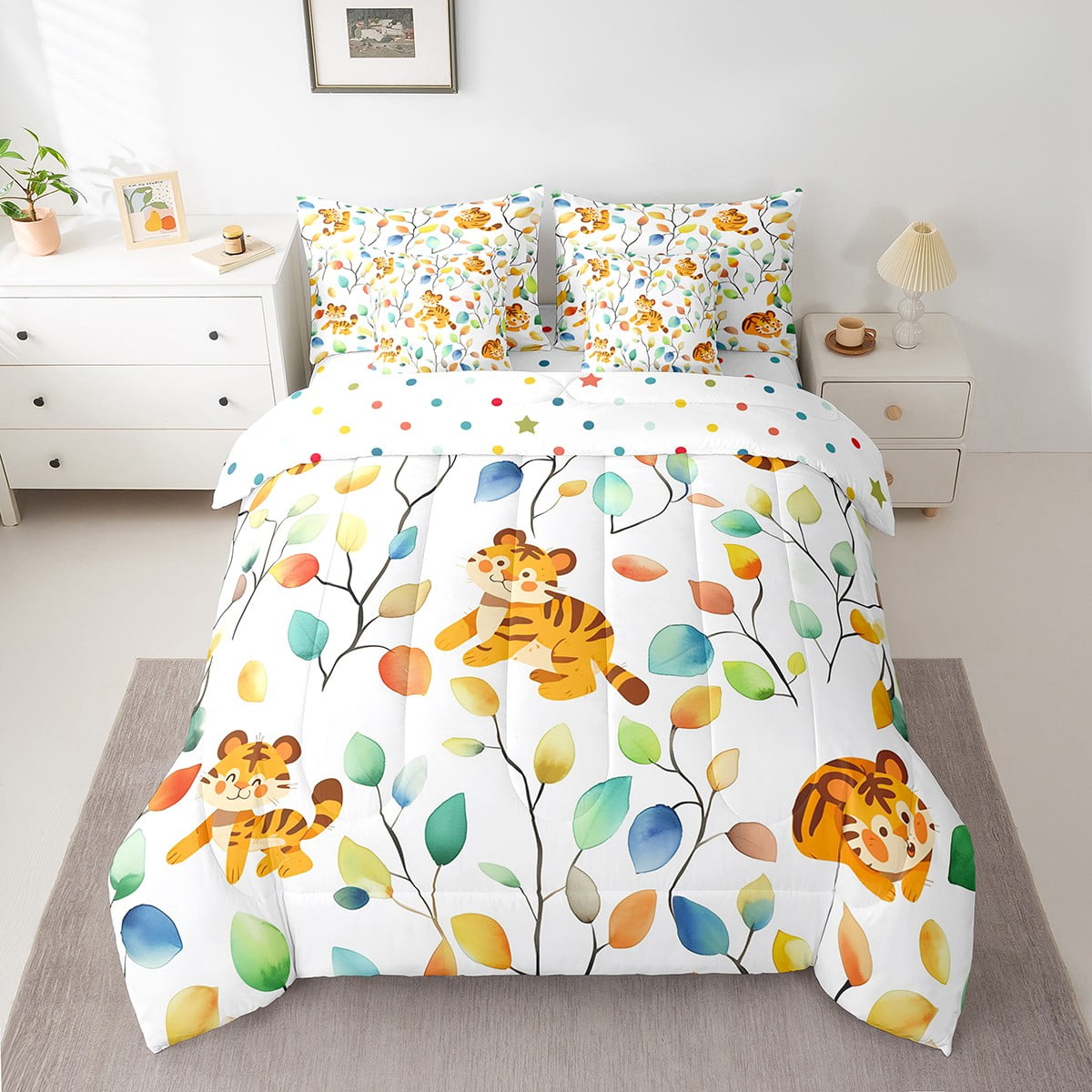 Cartoon Tiger Bedding Twin Size 7 Pieces Watercolor Floral Comforter ...