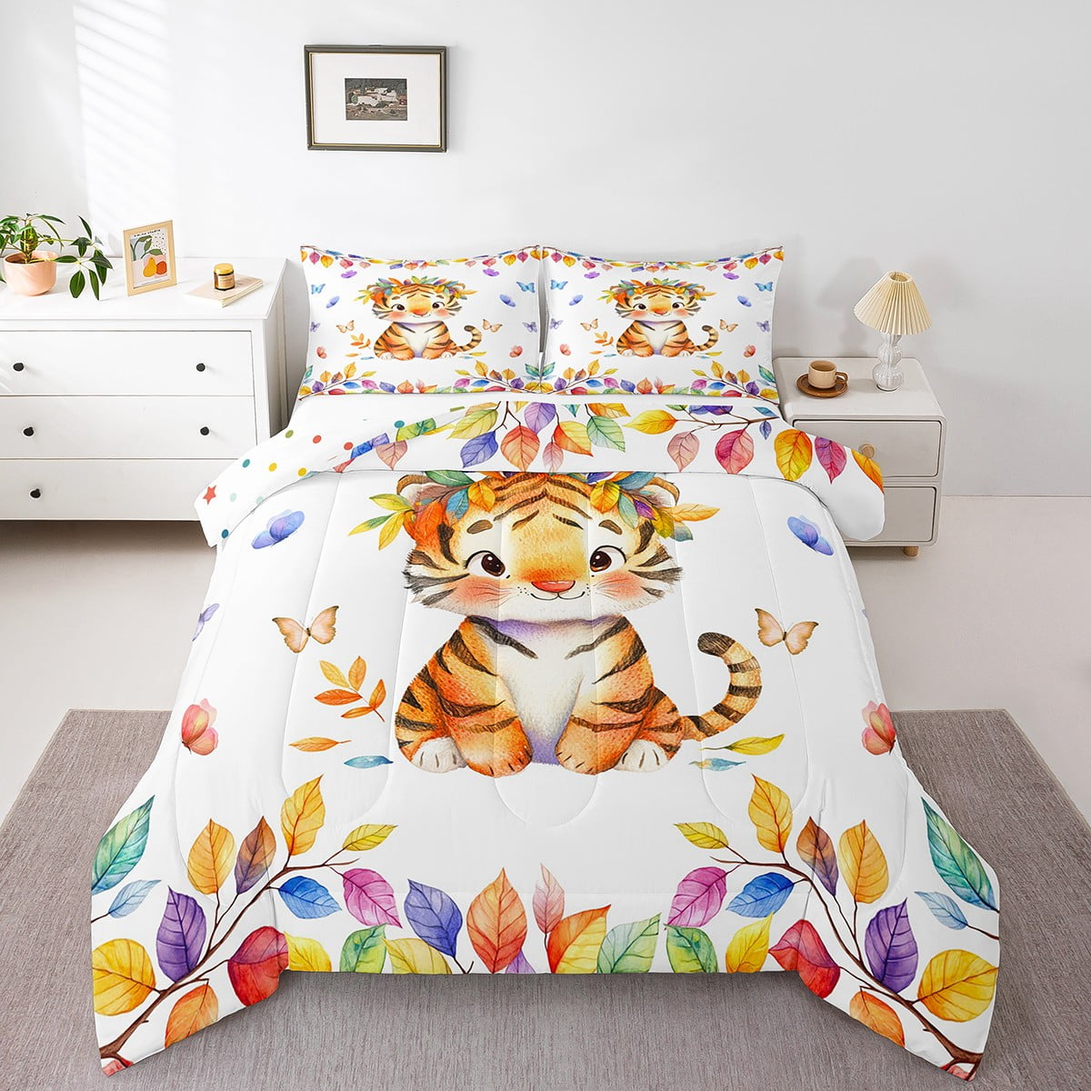 Cartoon Tiger Comforter Set Cute Animal Bedding Set, Kawaii Polka Dots ...