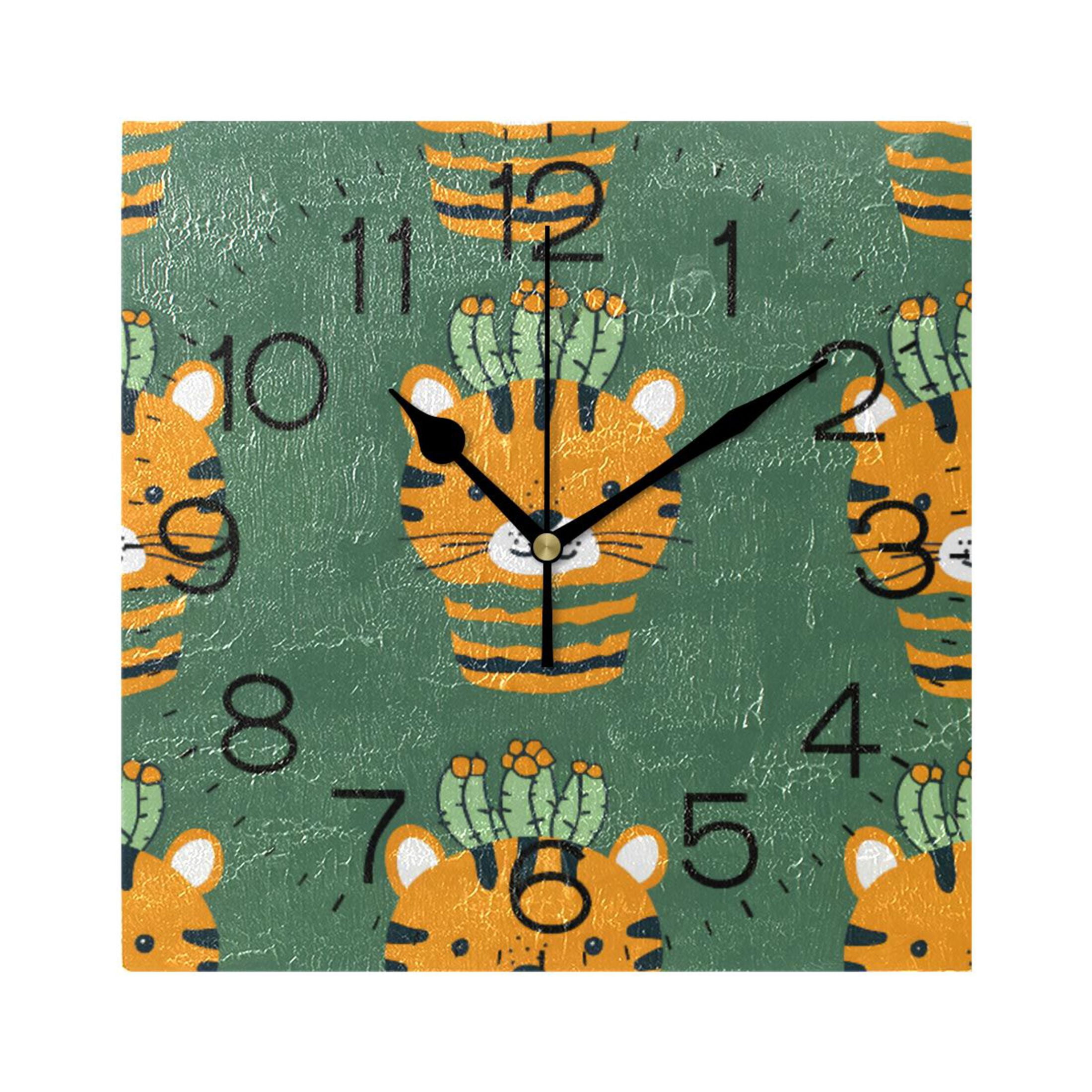 Cartoon Tiger Face with Cactus Wall Clock 7.78" Non-Ticking Silent ...