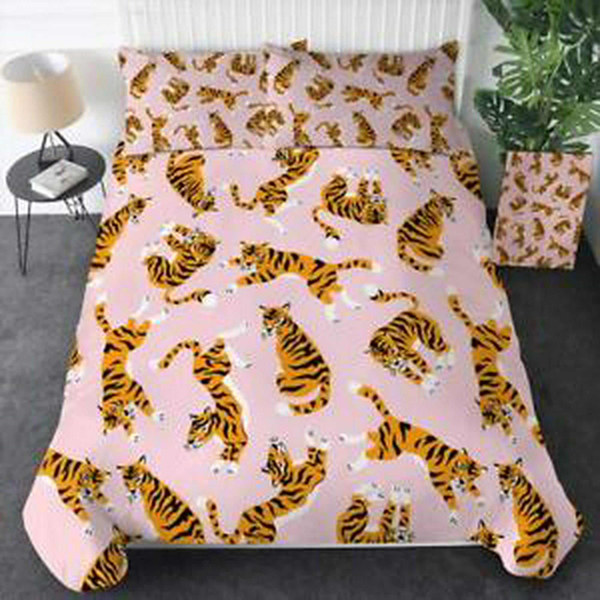 Cartoon Tiger Wild Animal Pink Duvet Quilt Cover Queen Bedding Set ...
