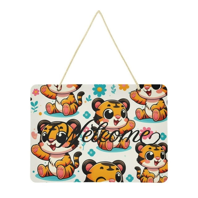 Cartoon Tigers Sit Welcome Sign Front Door PVC 14x10 inch Hanger Hello ...