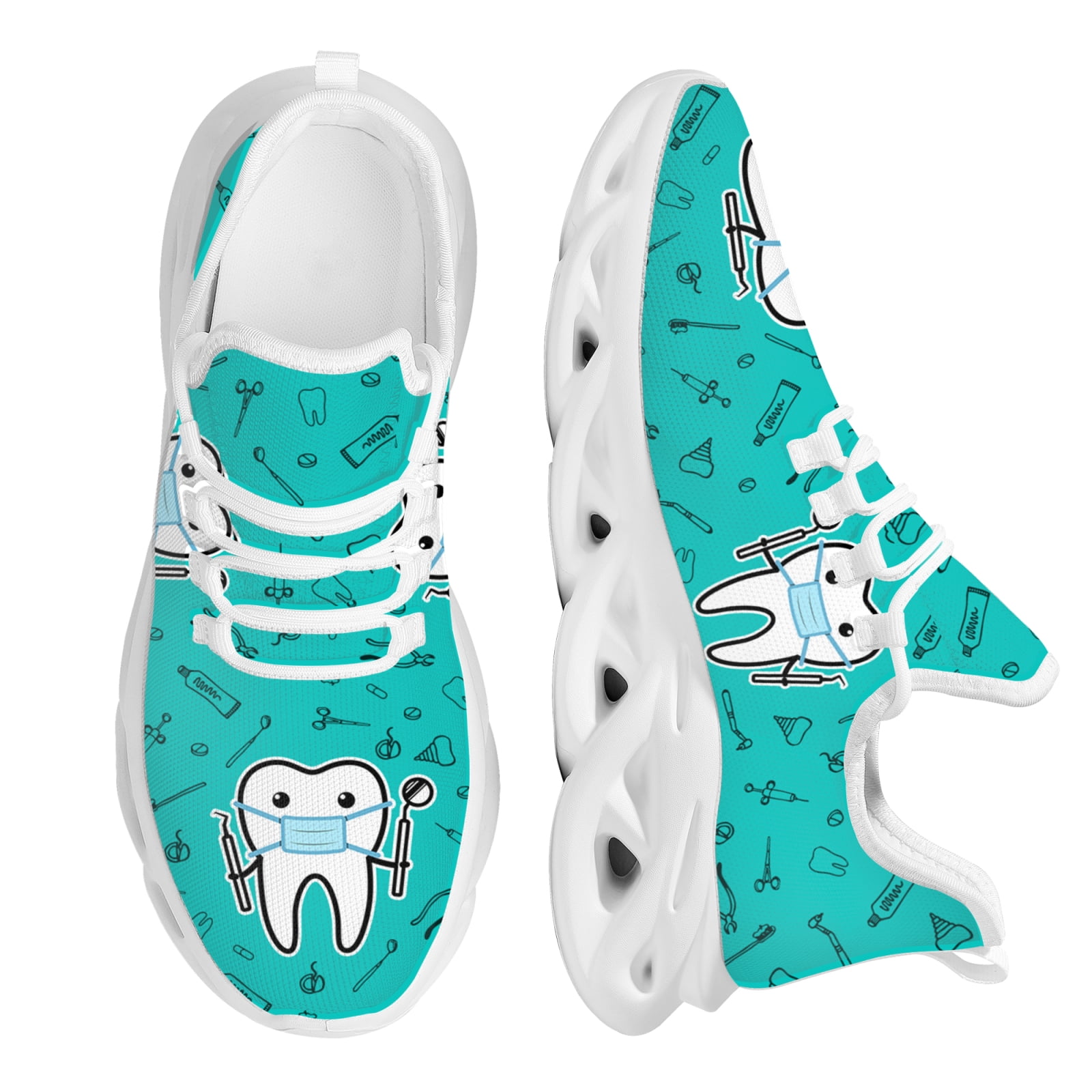Cartoon Tooth Black Pattren Sneakers For Women Lace Up Flats Dentist Shoes Breathable Spring