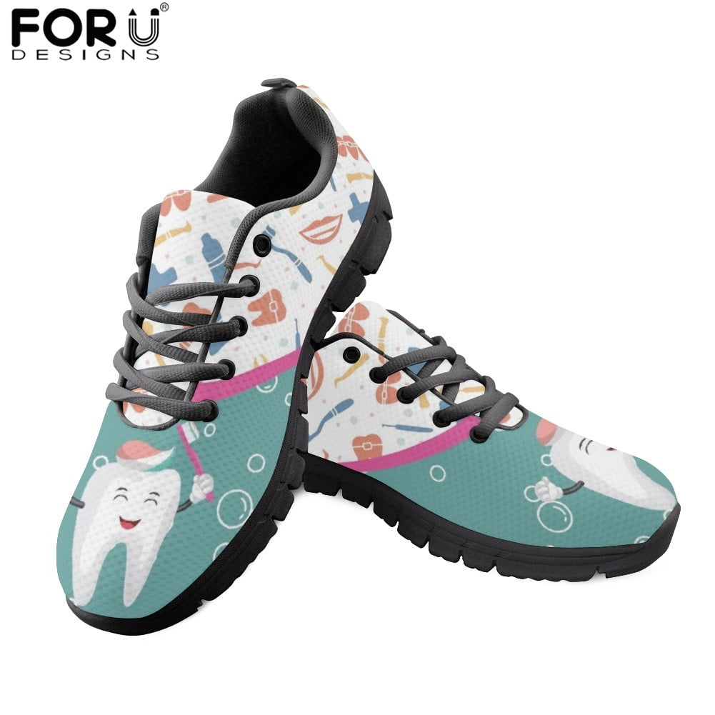 Cartoon Tooth Dentist Care Pattern Flats Shoes for Women Lace Up ...