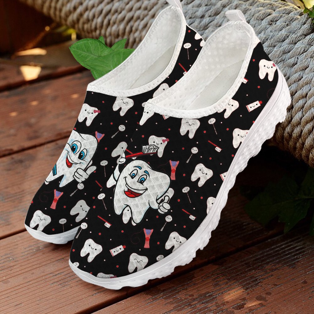 Cartoon Tooth Dentist Pattern Loafers Women Slip On Sneakers Mesh ...