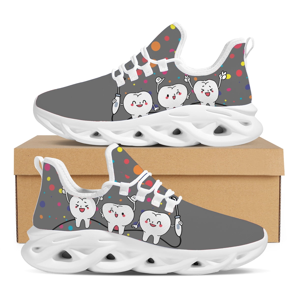 Cartoon Tooth Design Pattern Sneakers Dentist Print Design Flat Shoes ...
