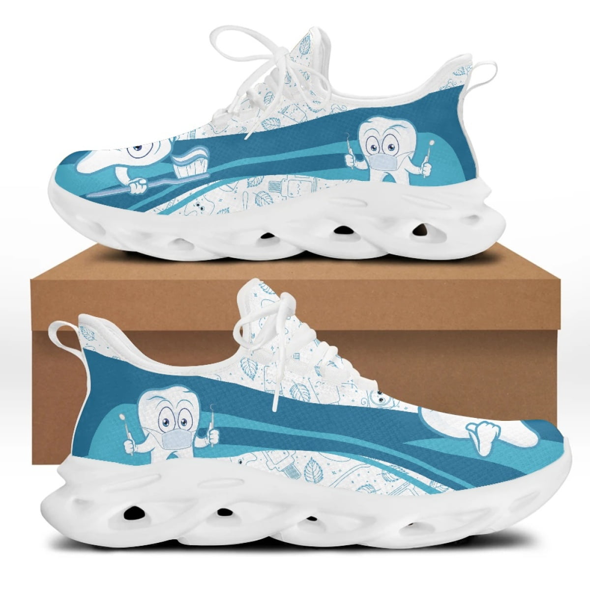 Cartoon Tooth Pattren Sneakers for Women Mesh Lace-up Flats Dentist ...