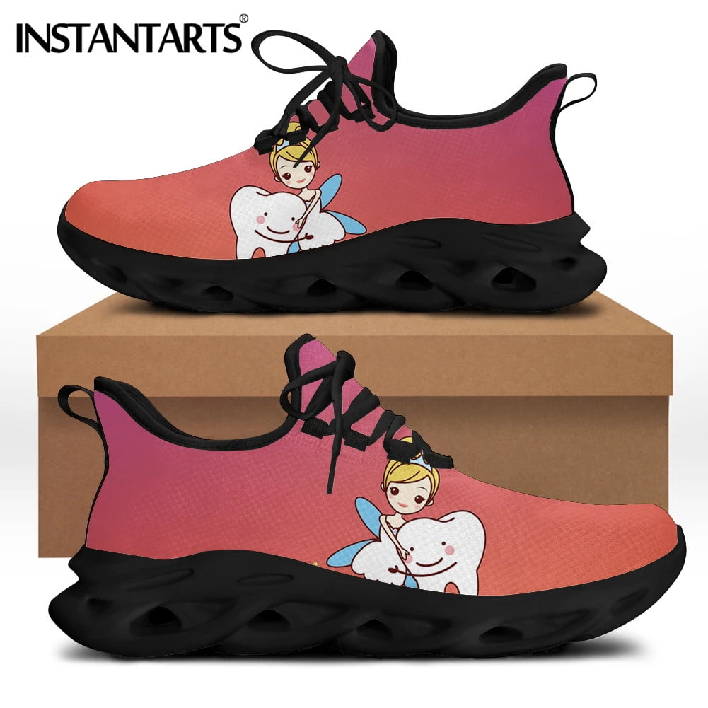 Cartoon Tooth and Angel Girl Pattren Sneakers for Women Lace-up Flats ...