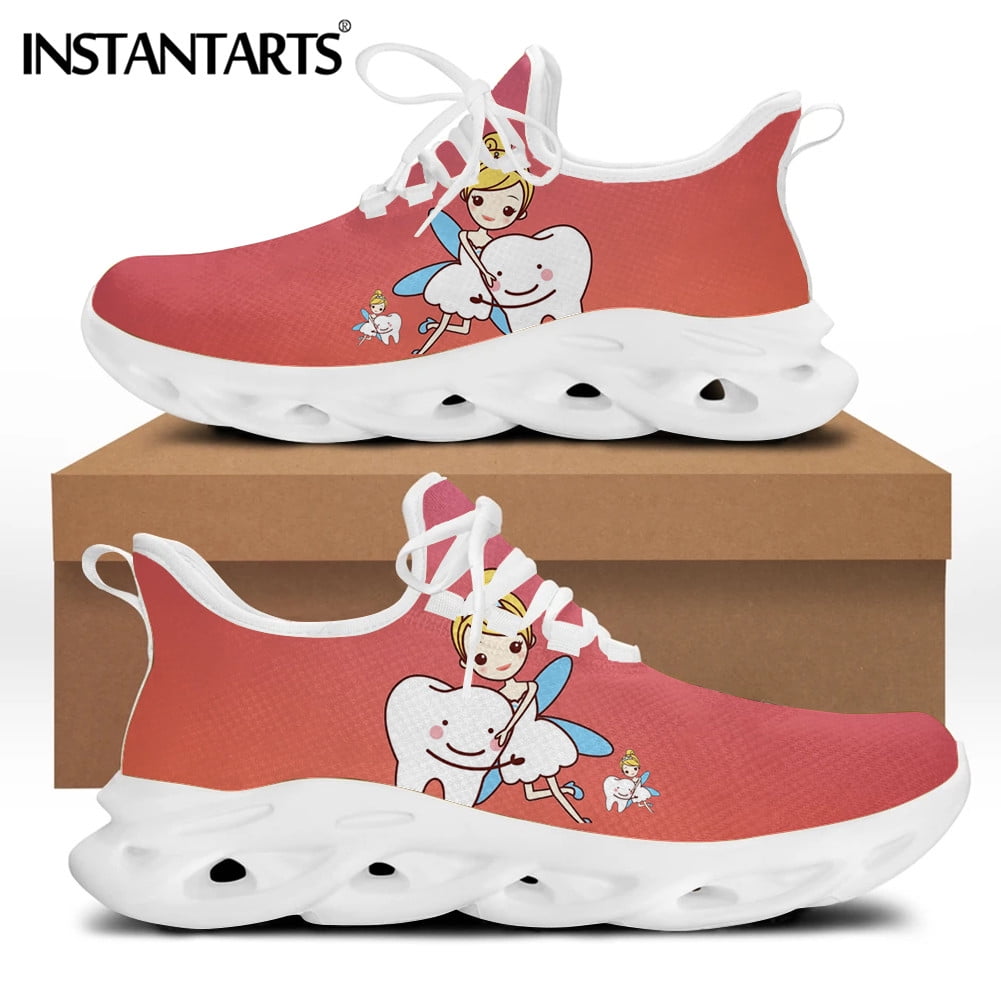 Cartoon Tooth and Angel Girl Pattren Sneakers for Women Lace-up Flats ...