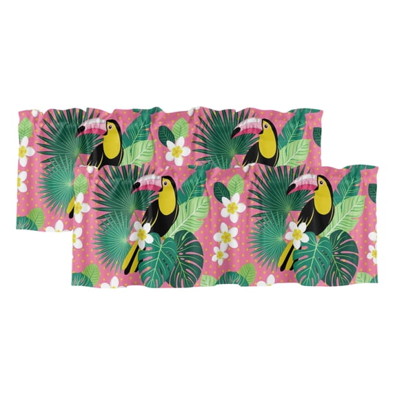 Cartoon Toucan Bird 2 Panels Kitchen Valance, Tropical Plumeria Flowers ...