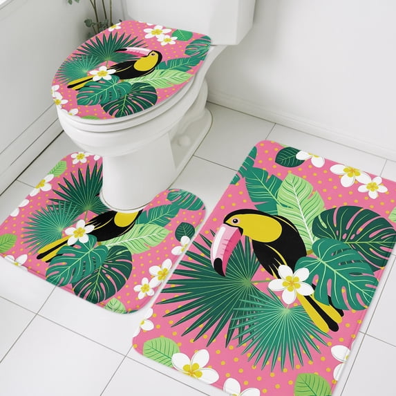 Cartoon Toucan Bird Bathroom Rugs Set Tropical Plumeria Flowers Palm ...