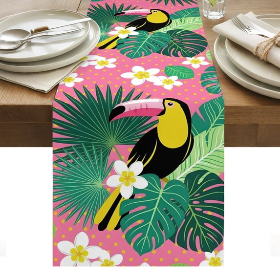Cartoon Toucan Bird Cotton Linen Table Runner Tropical Plumeria Flowers ...