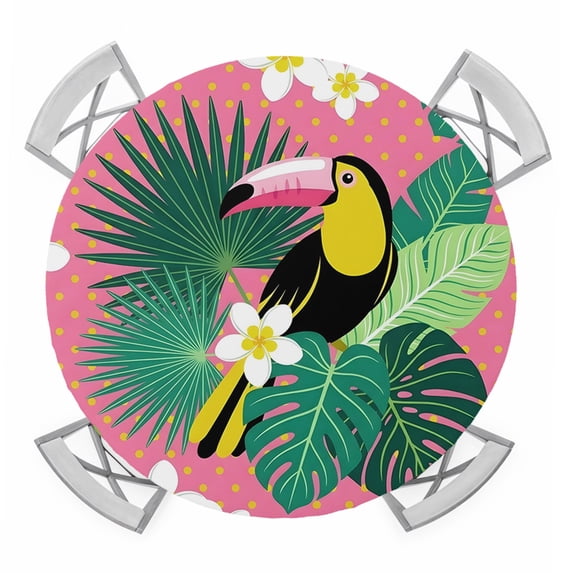 Cartoon Toucan Bird Round Table Cover, Tropical Plumeria Flowers Palm ...
