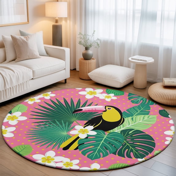 Cartoon Toucan Bird Washable Round Area Rug 7 ft, Tropical Plumeria ...