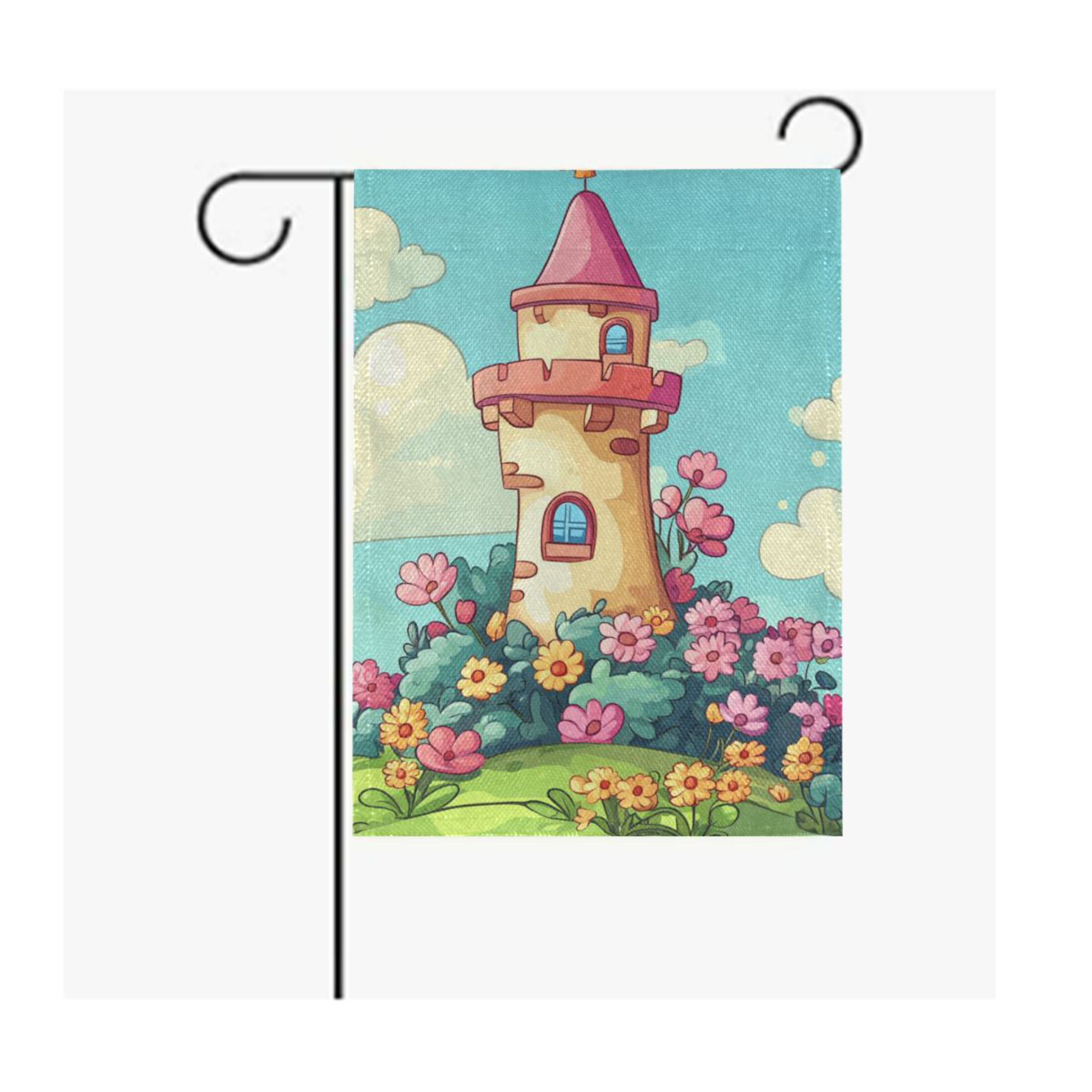 Cartoon Towers Flowers Leaves Clouds Linenette Garden Flags Decorative ...