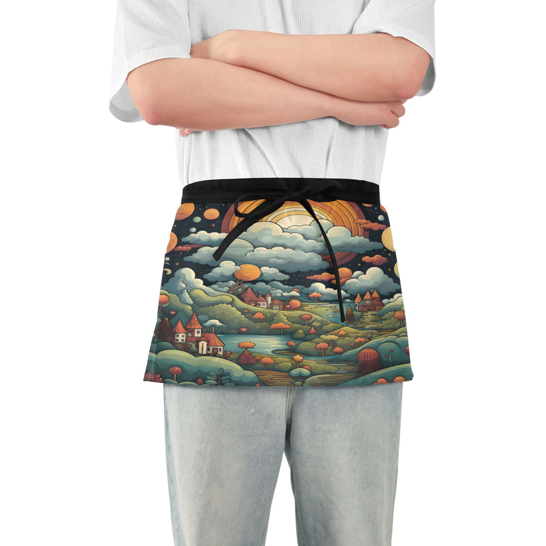Cartoon Town Landscape Server Apron with 3 Pockets Waterproof Waitress ...