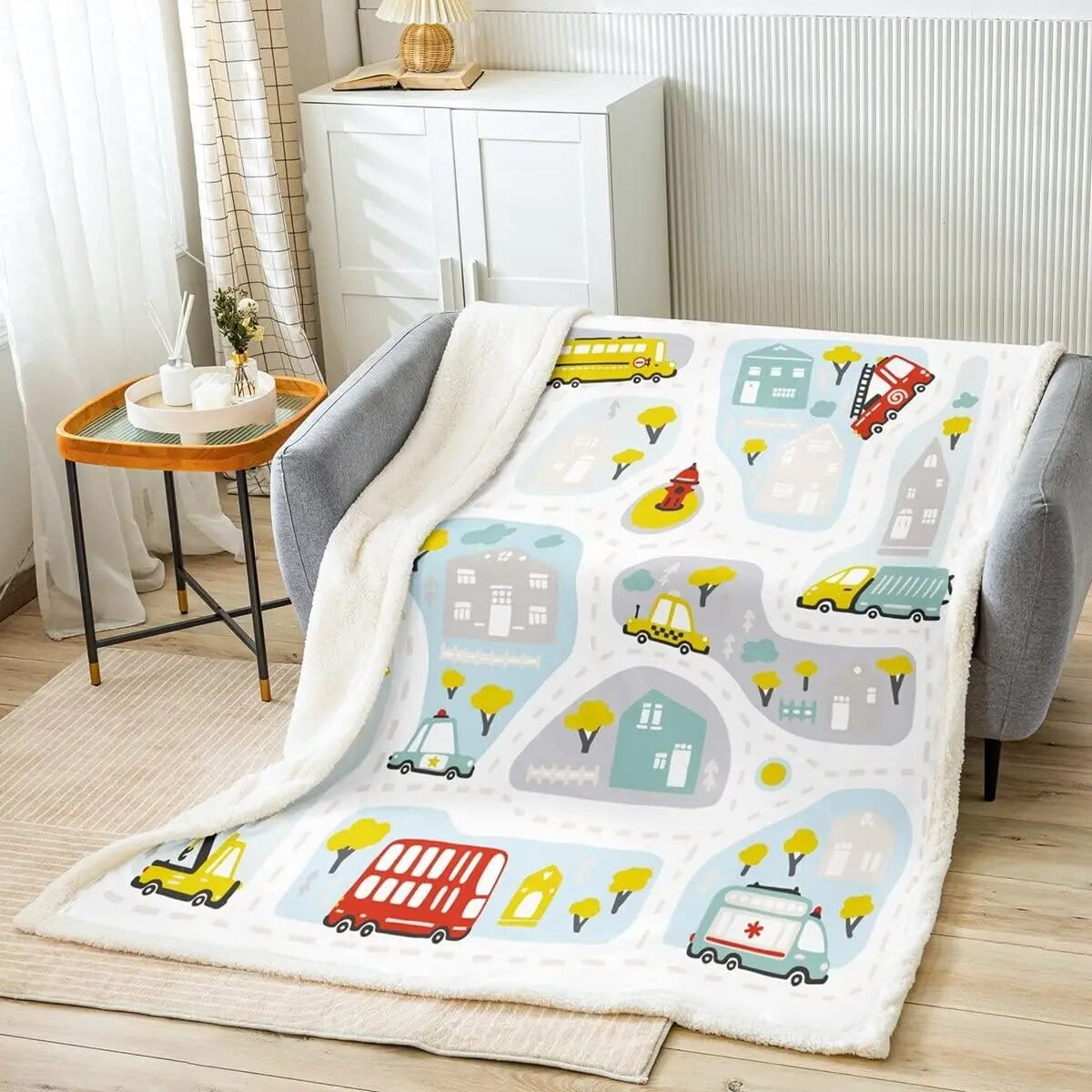 Cartoon Town Map Throws Blanket City Road Building Cars Trees Print ...