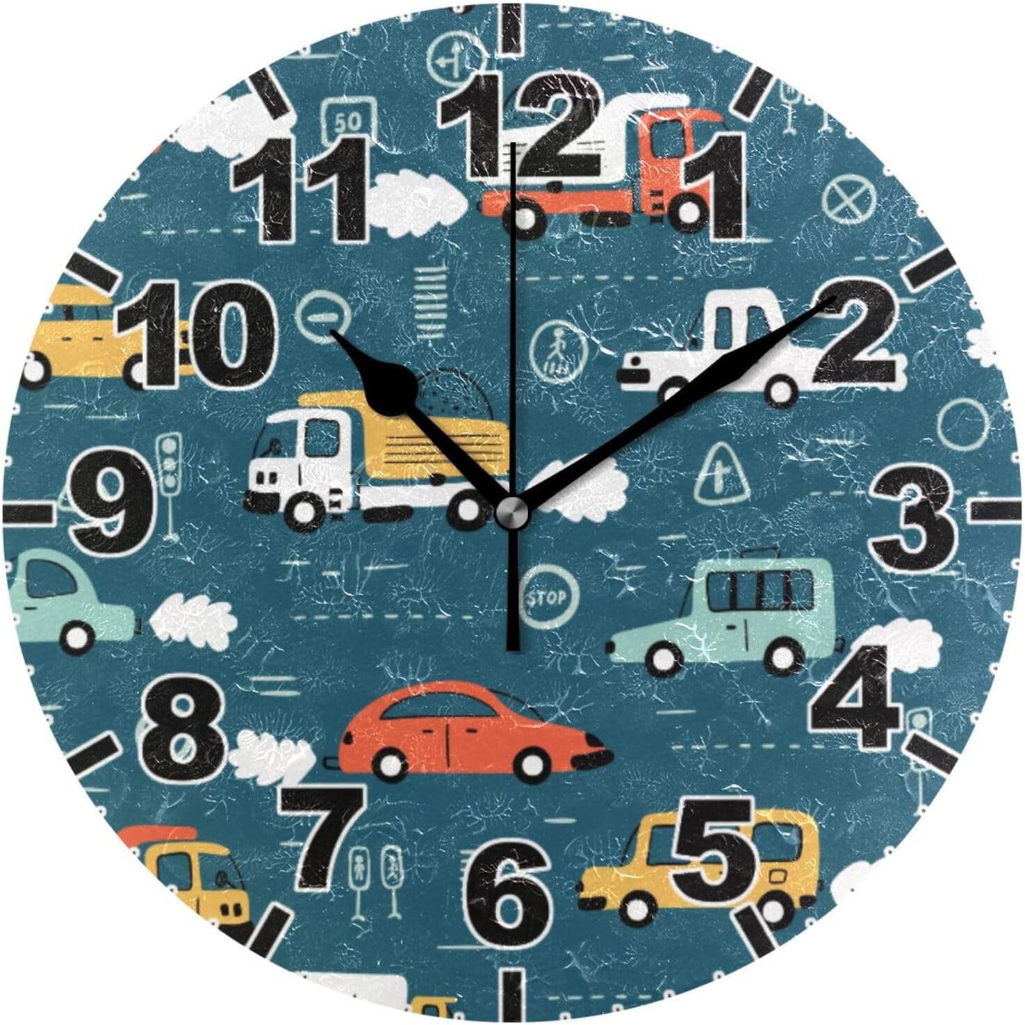 Cartoon Toy Car and Sign Round Wall Clock, Battery Operated Silent Non ...