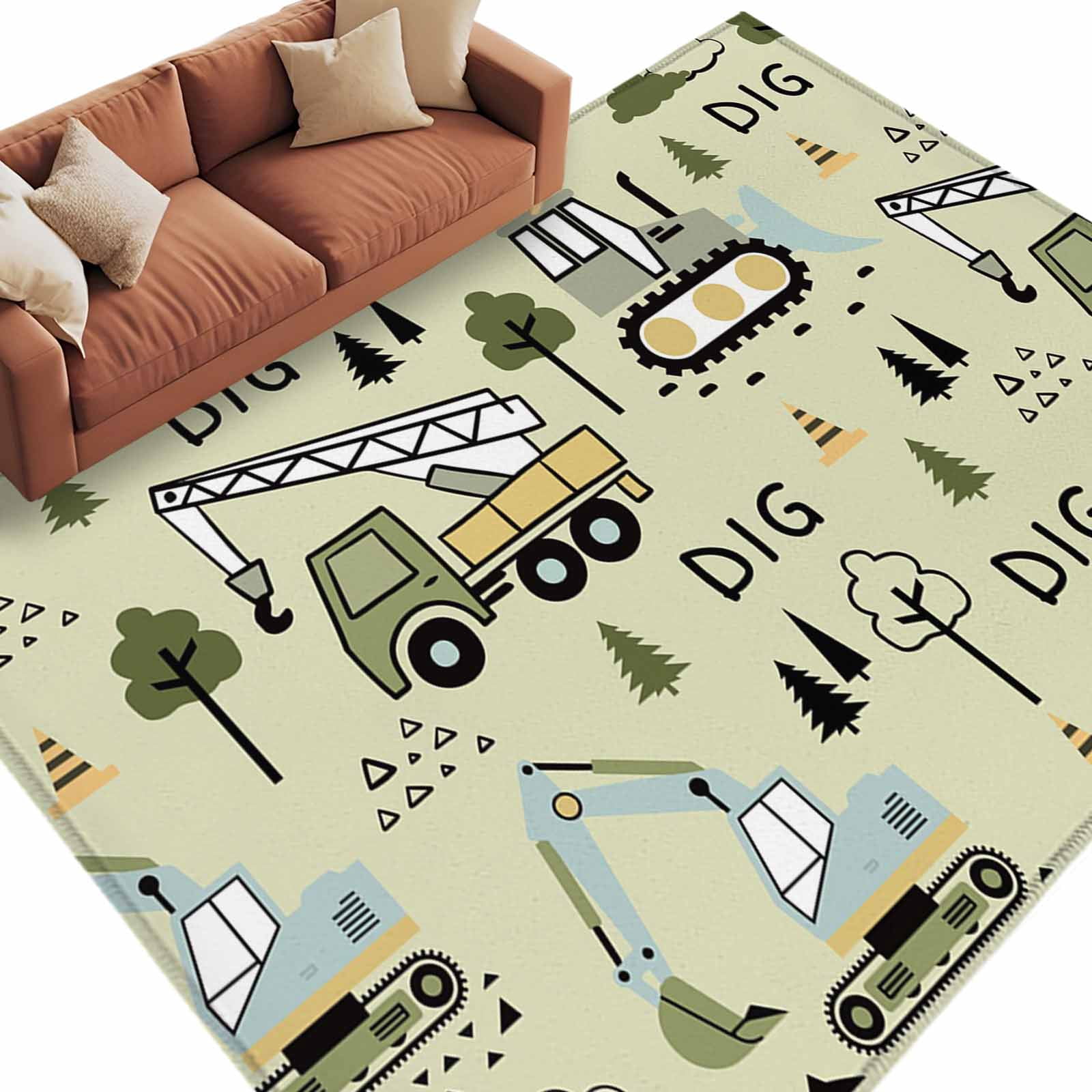 Cartoon Tractor Area Rugs Collection 5'x8', Cute Green Digger Shovel ...