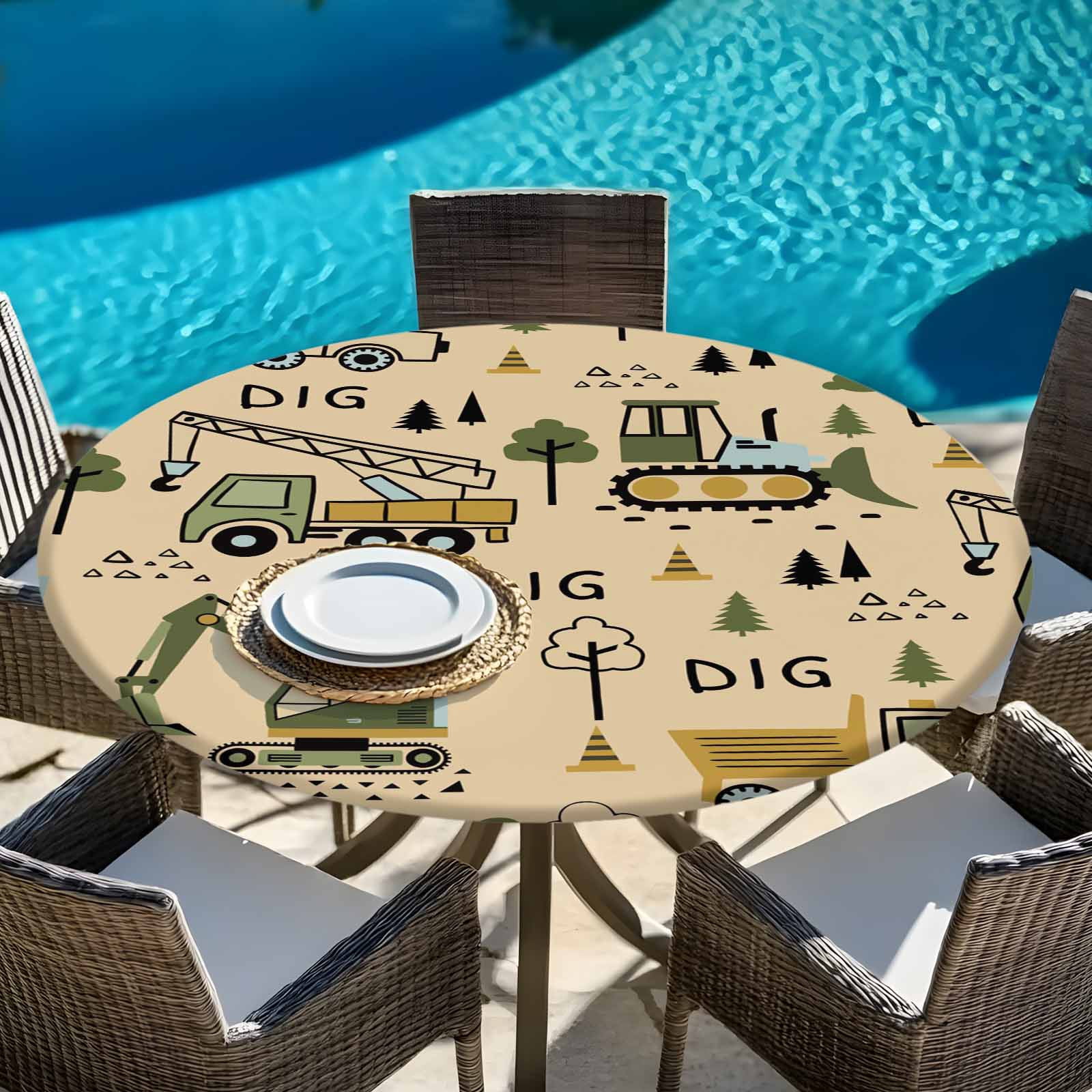 Cartoon Tractor Brown Digger Shovel Round Fitted Tablecloth with ...