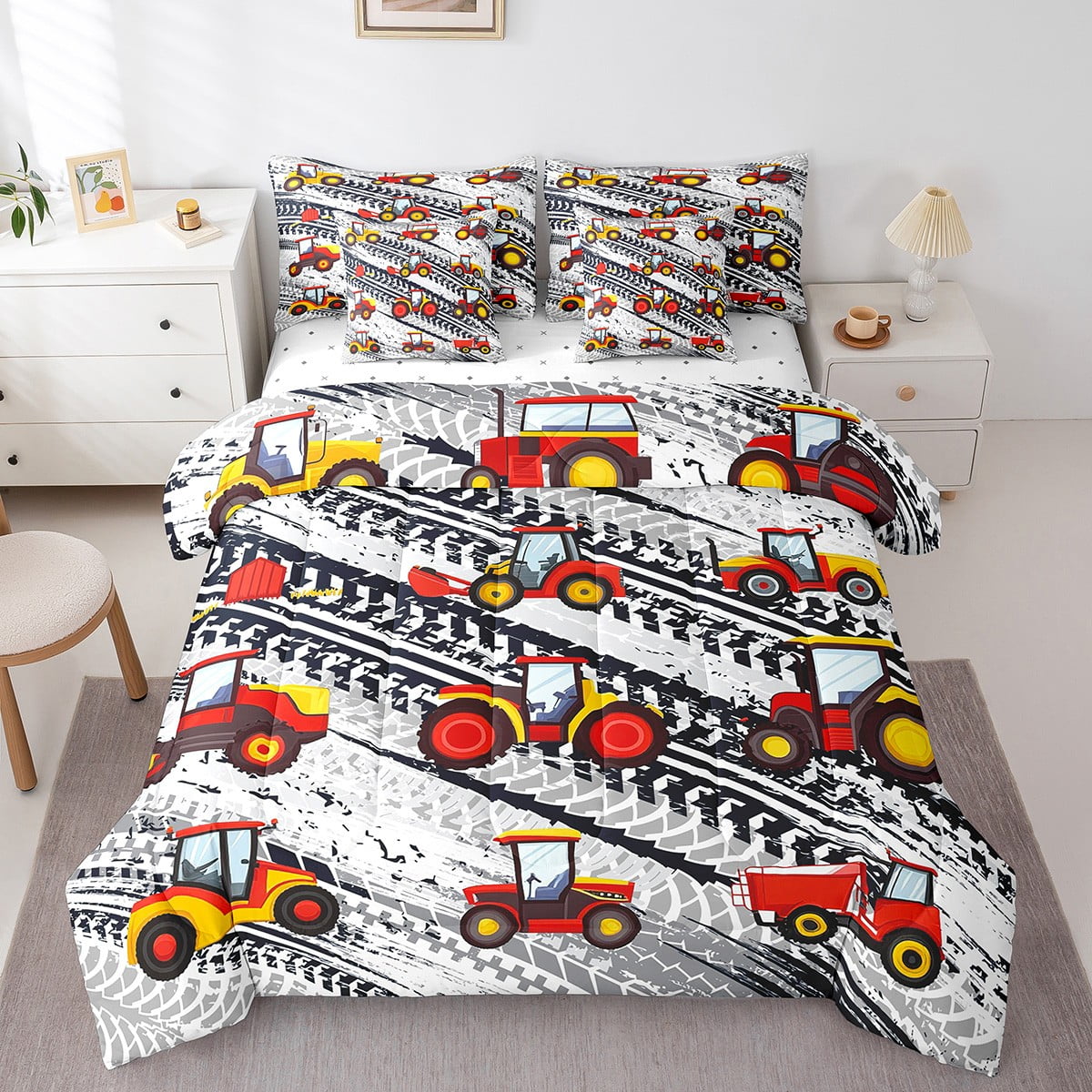 Cartoon Tractor Comforter Set Twin Size,Excavator Bed in a Bag Teens ...