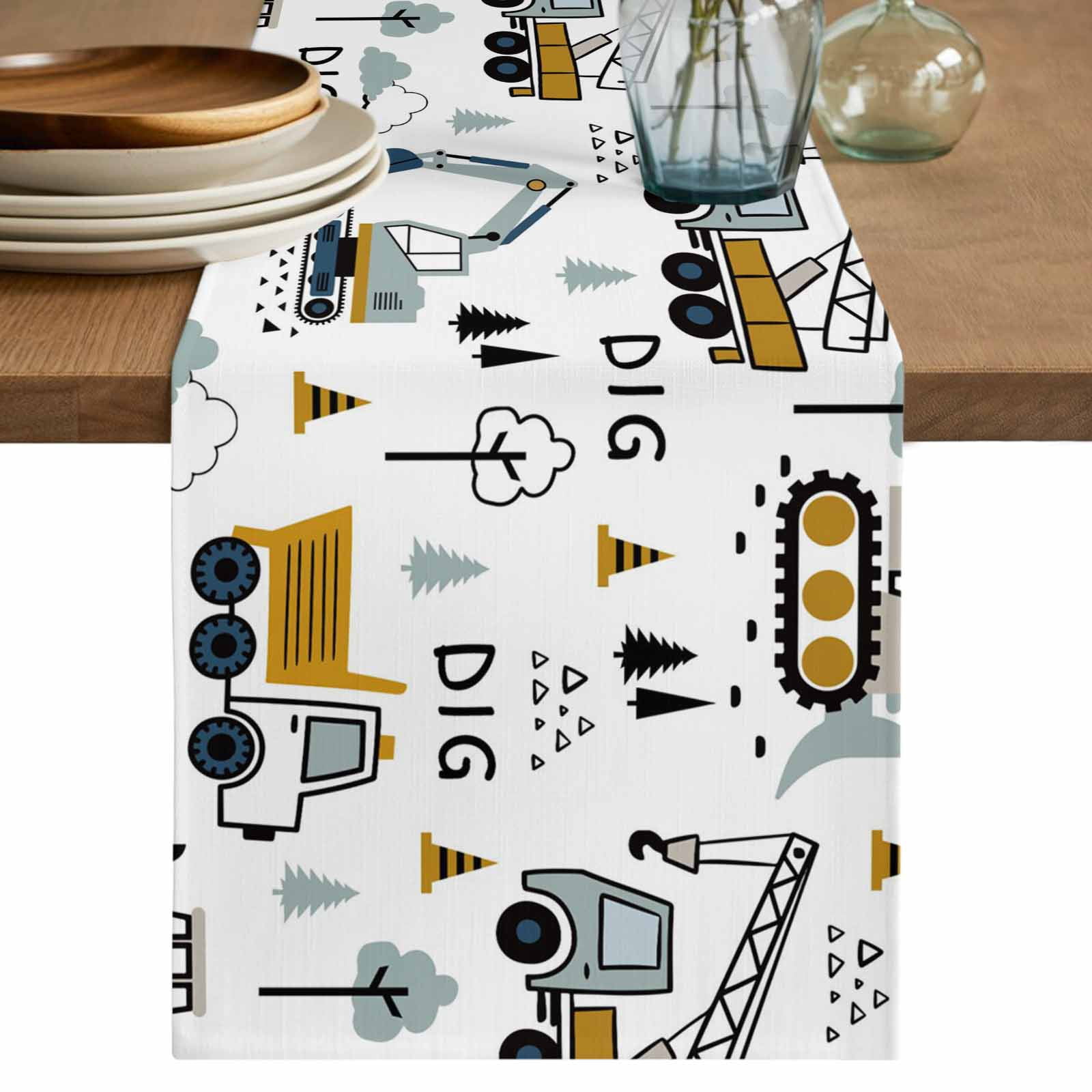 Cartoon Tractor Cotton Linen Table Runner for Dining Kitchen, Cute Grey ...