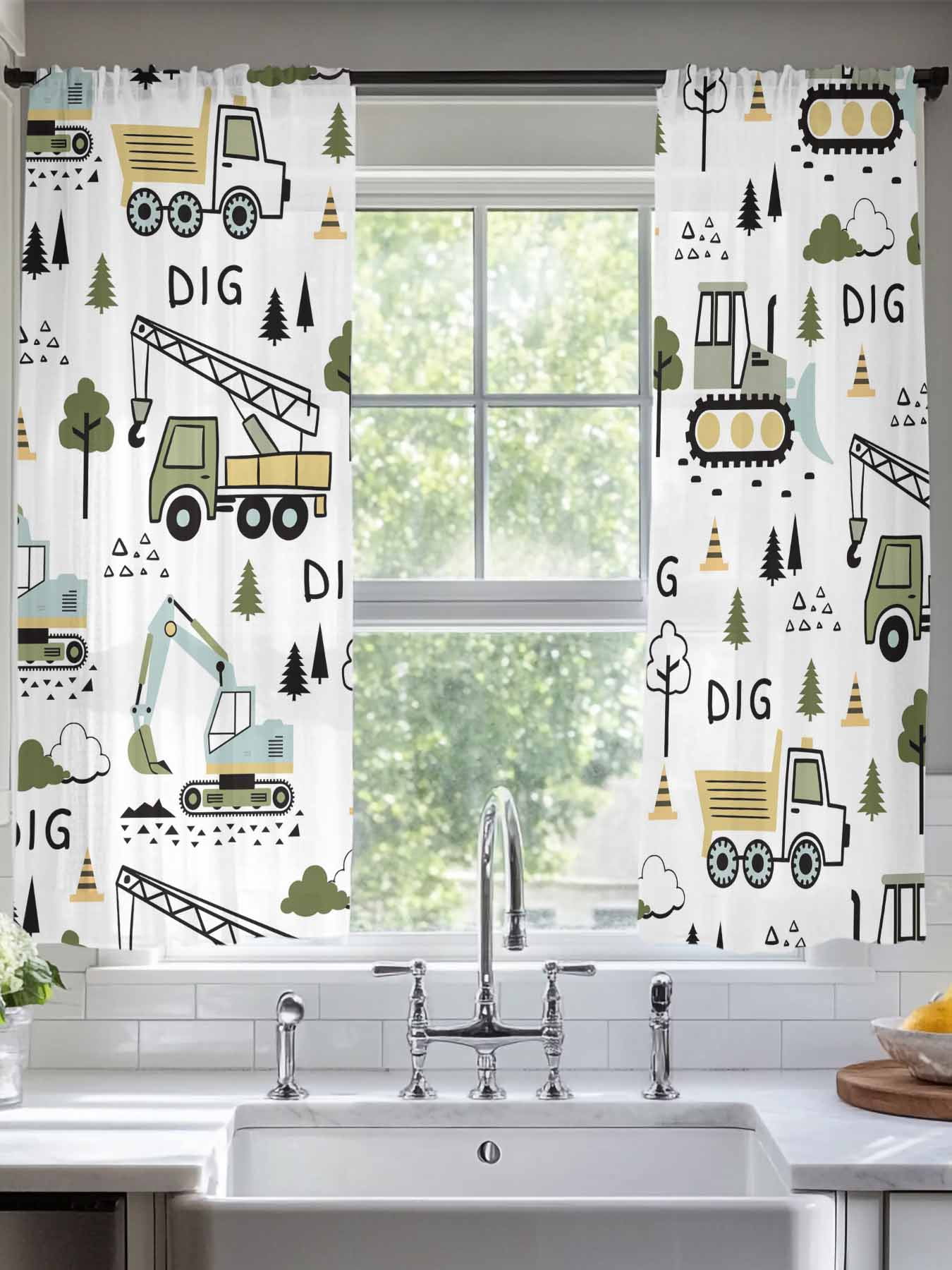 Cartoon Tractor Digger Shovel Sheer Curtains 2 Panels Set Cute Truck ...