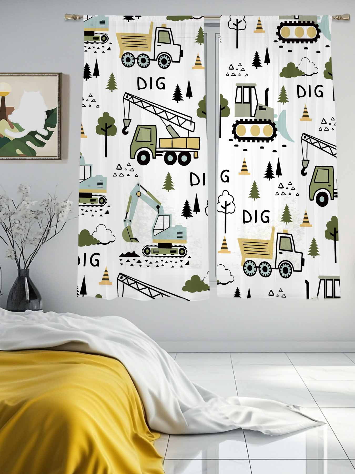 Cartoon Tractor Digger Shovel Sheer Curtains 2 Panels Set Cute Truck ...