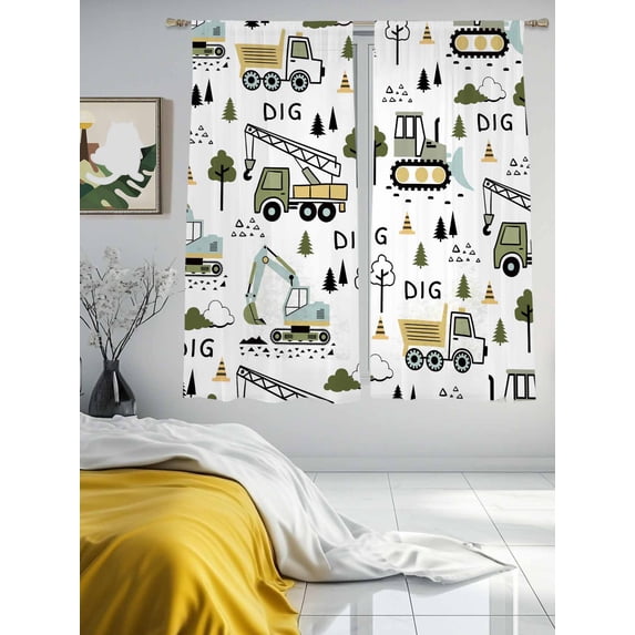 Cartoon Tractor Digger Shovel Sheer Curtains 2 Panels Set Cute Truck ...