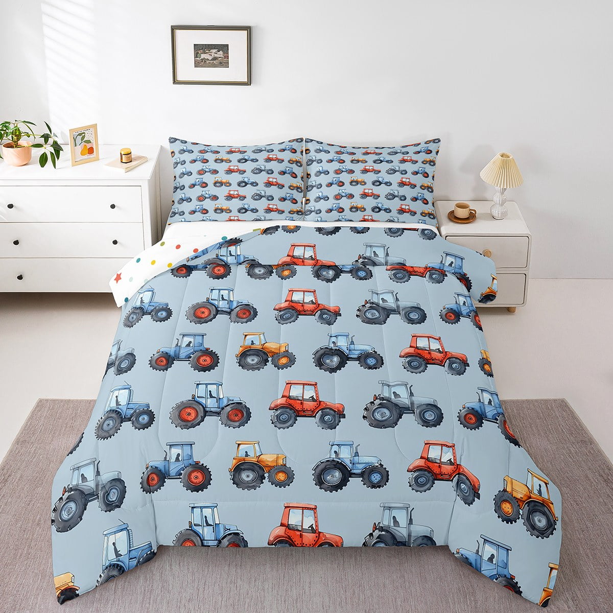 Cartoon Tractor Kids Comforter Set Full Size,Rustic Farmhouse Truck Car ...