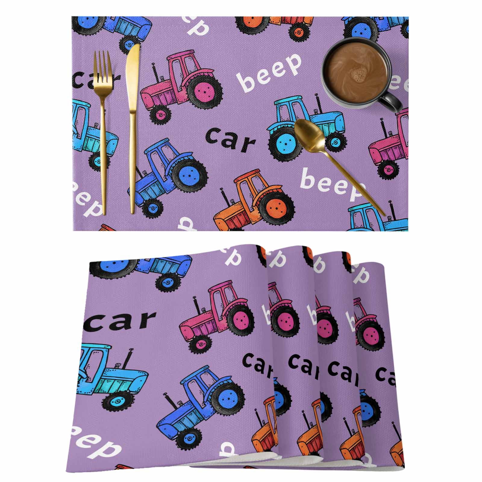 Cartoon Tractor Placemats Set of 12 Cute Beep Car Digger Shovel Truck ...