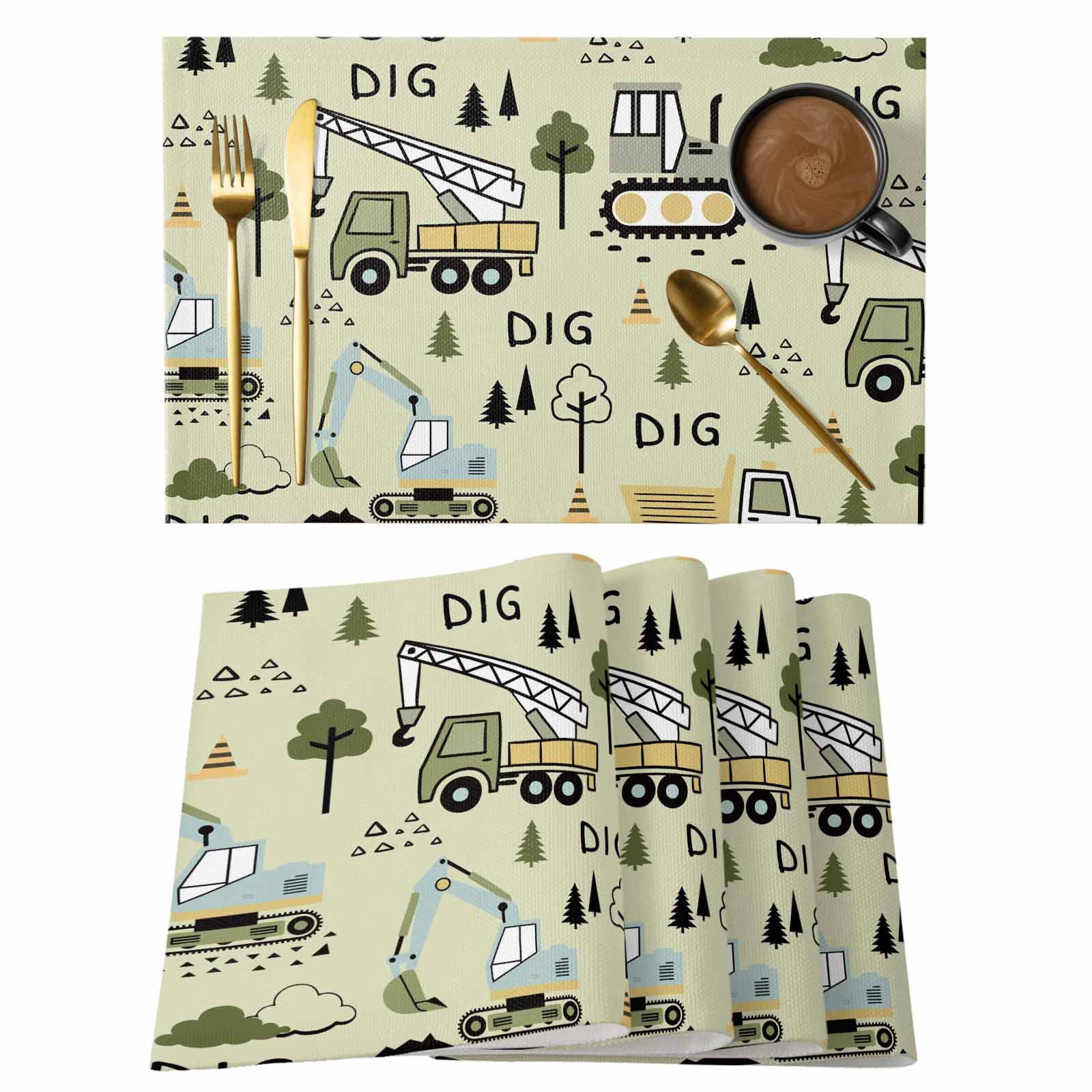 Cartoon Tractor Placemats Set of 12, Cute Green Digger Shovel Truck ...