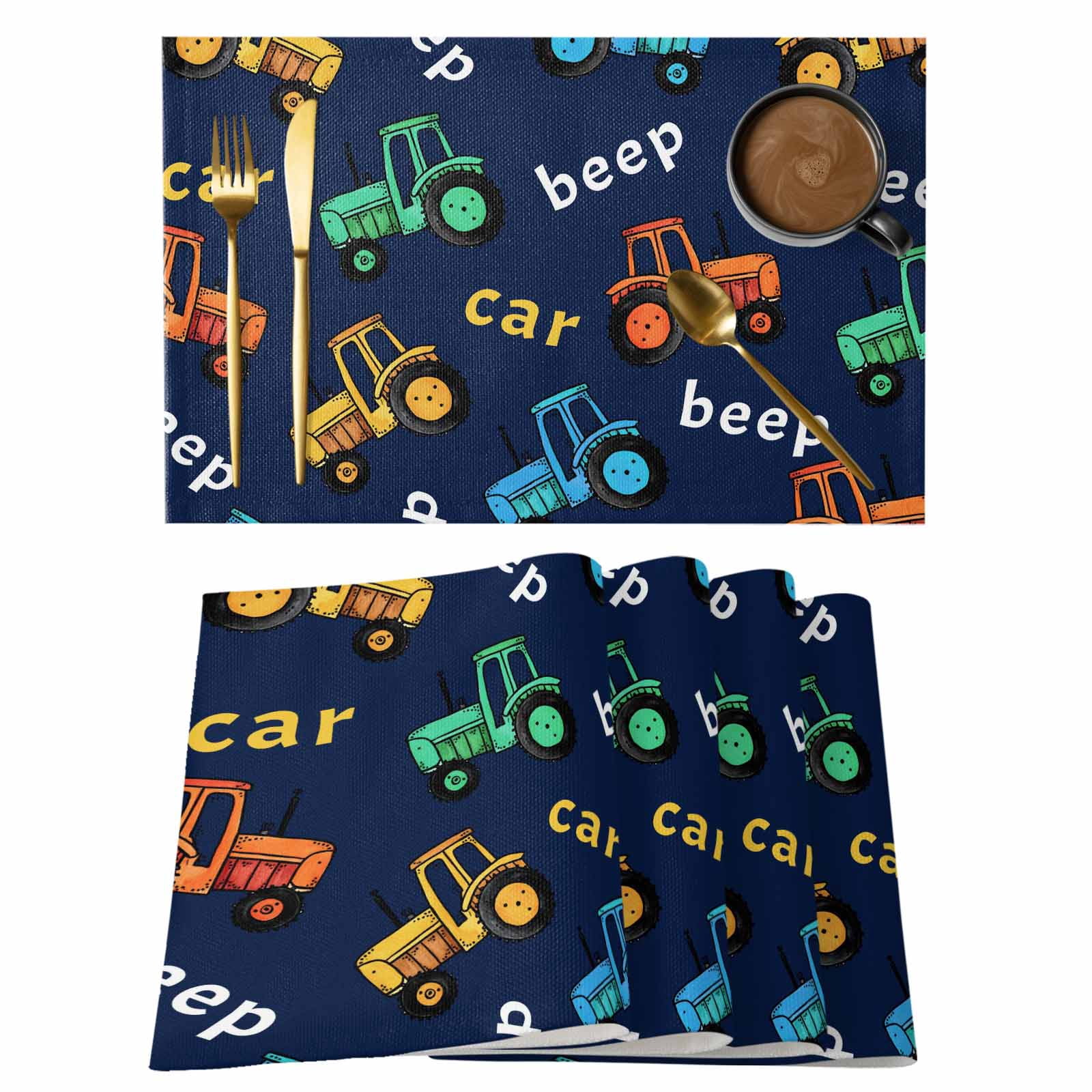 Cartoon Tractor Placemats Set of 4, Cute Beep Car Digger Shovel Truck ...